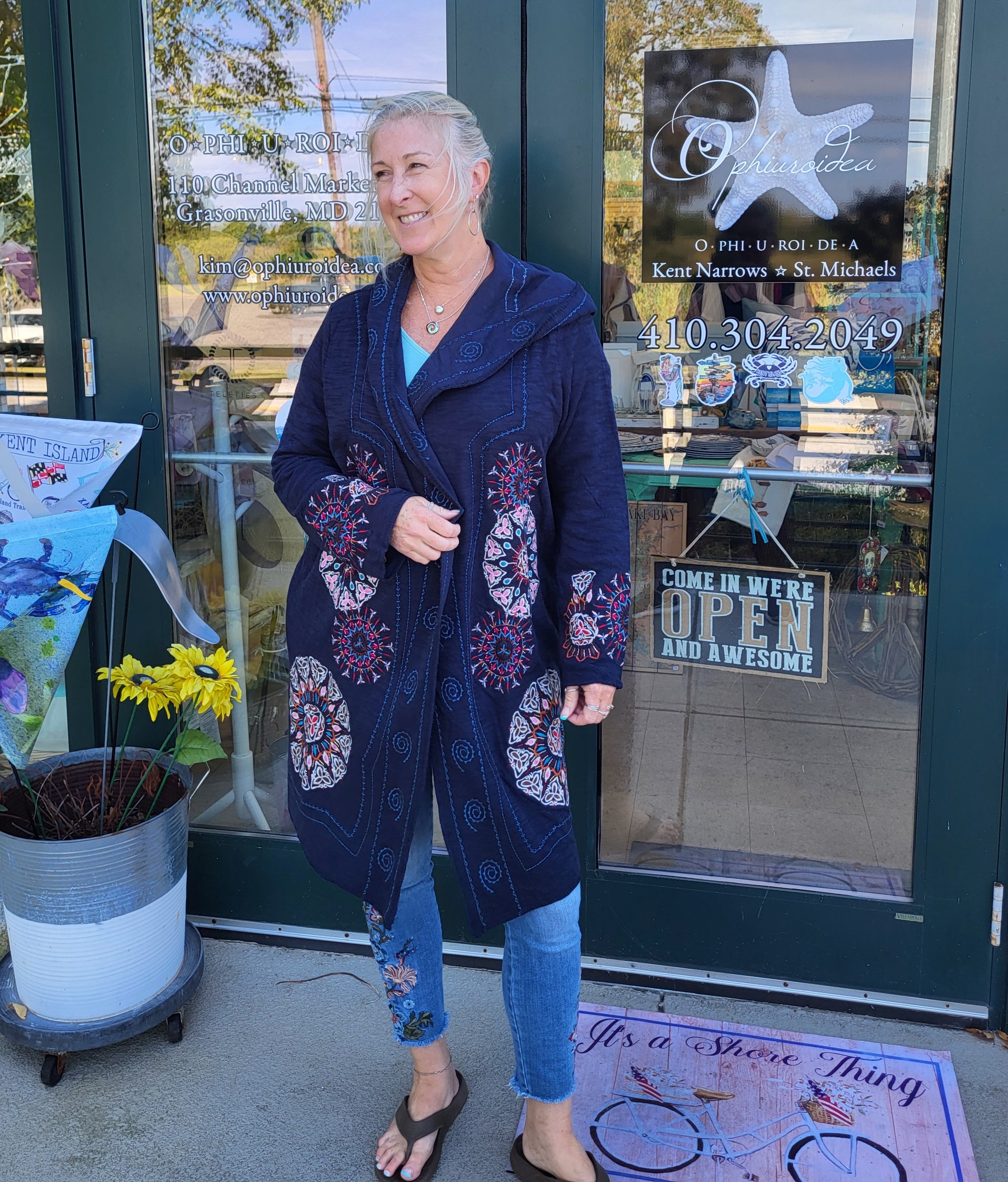 Navy Mandala Embroidered Floral Duster Jacket | Ophiuroidea - The O ...